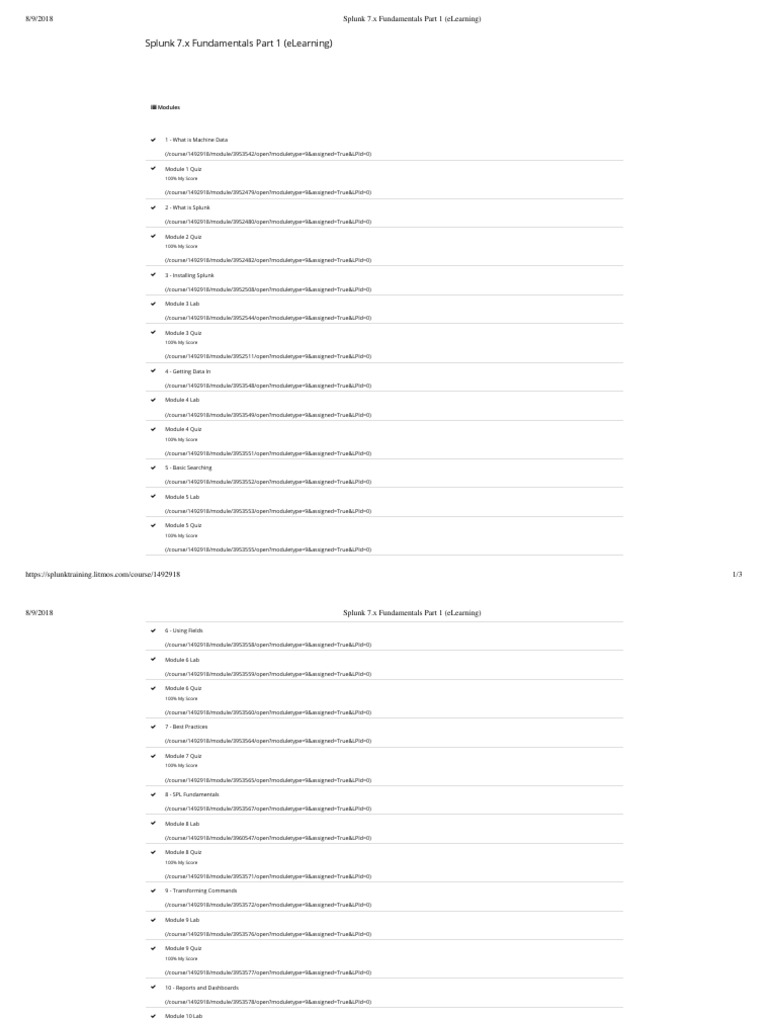 Splunk 7.x Fundamentals Part 1 Elearning Test Scores | PDF | Computing ...