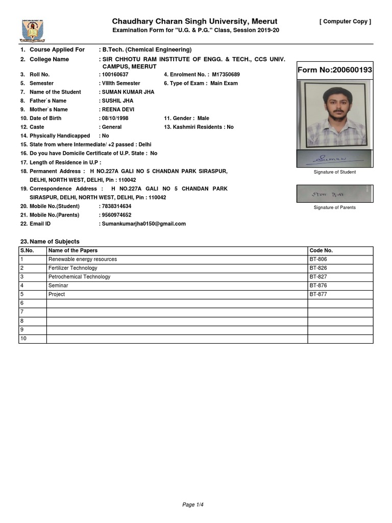 Chaudhary Charan Singh University, Meerut: (Computer Copy) Examination ...