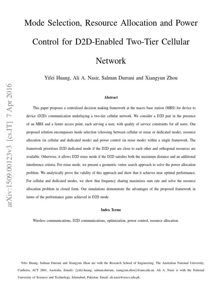 Mode Selection, Resource Allocation and Power Control For D2D-Enabled Two-Tier Cellular Network ...