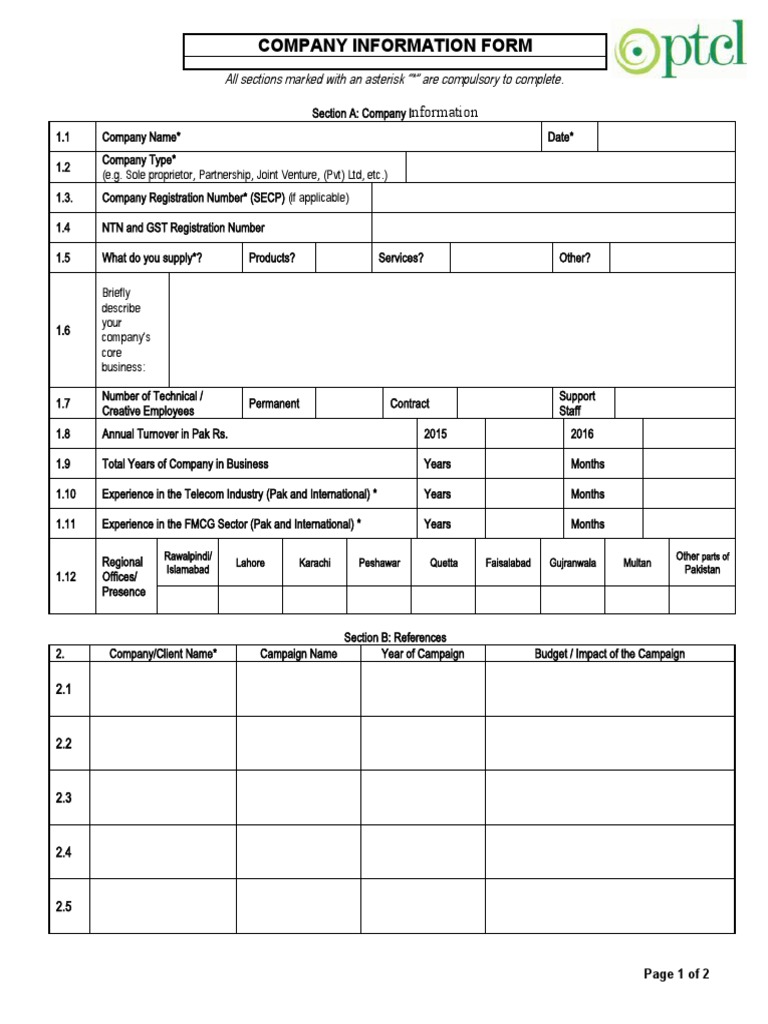 Company Information Form: All Sections Marked With An Asterisk " " Are ...