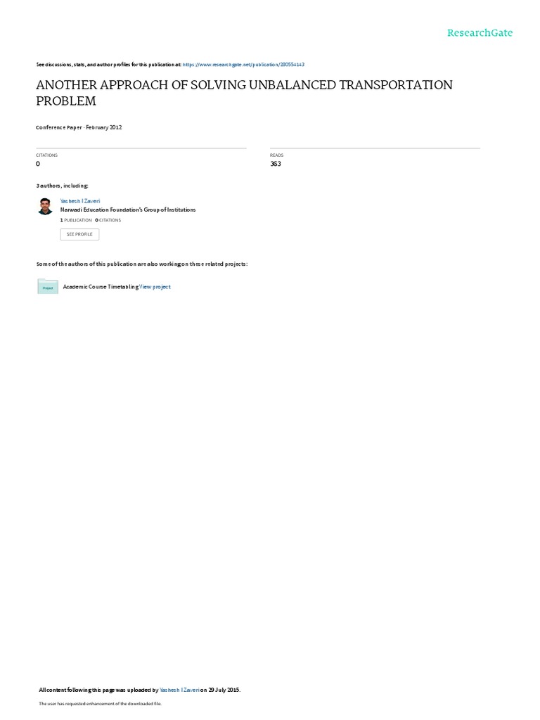 Another Approach of Solving Unbalanced Transportation Problem | PDF ...