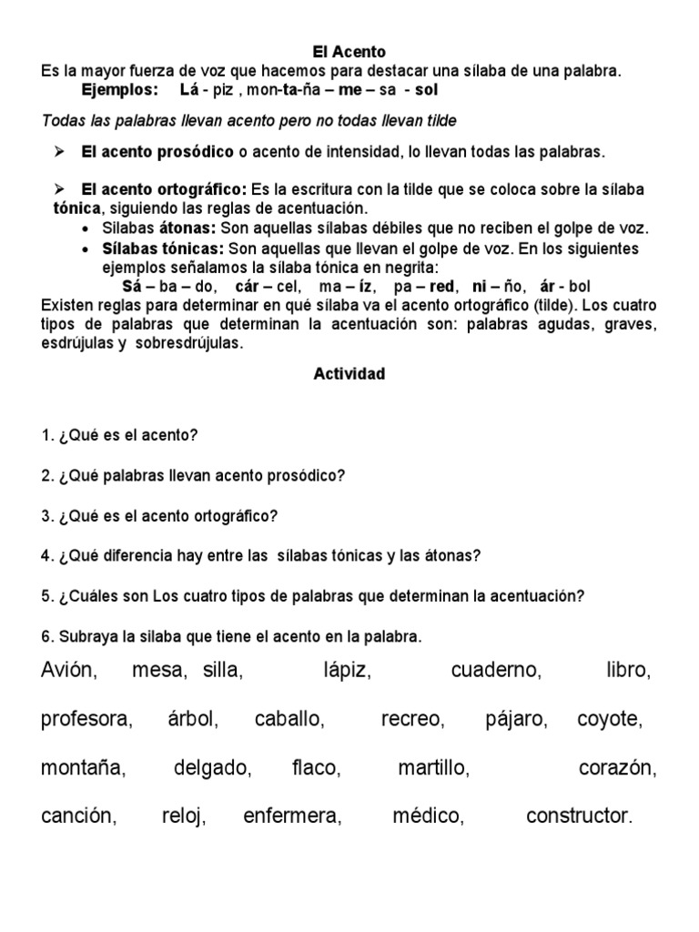 Clasificación de Palabras Agudas y Graves | PDF | Estrés (lingüística ...