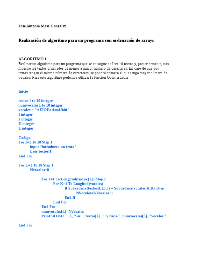 Modulo 4 Realización de Algoritmo para Un Programa Con Ordenación de Arrays | PDF | Algoritmos y ...