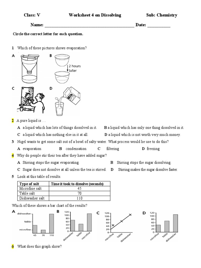 Class: V Worksheet 4 On Dissolving Sub: Chemistry Name: - Date | PDF ...