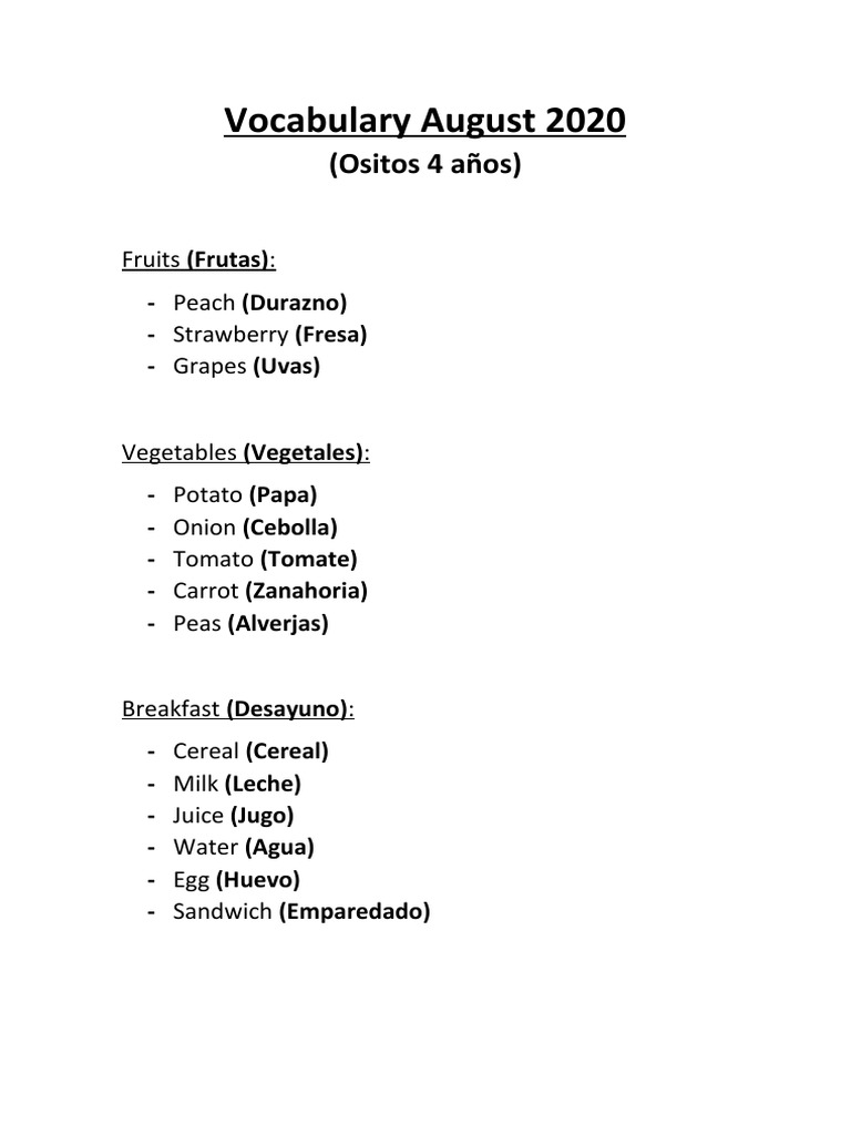 Vocabulary 4 Años - August | PDF | Juegos y actividades | Cocina ...