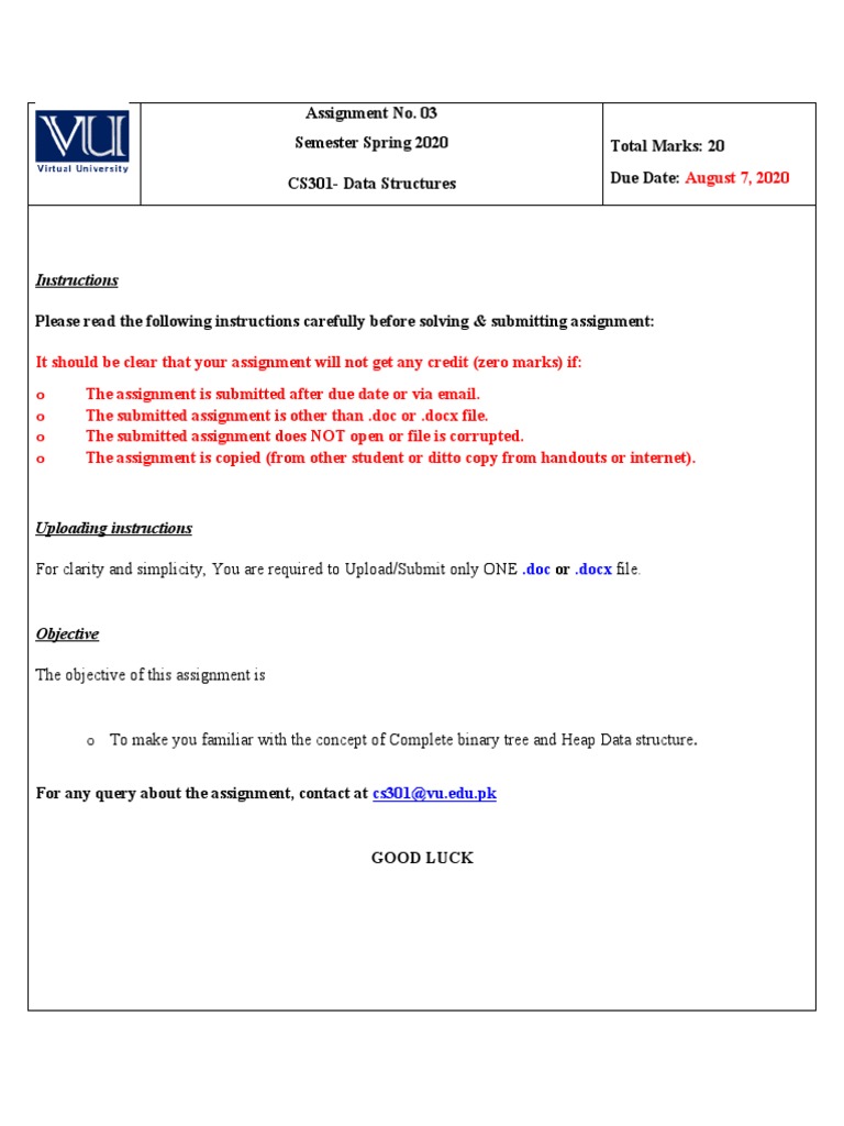 Assignment No 03 Semester Spring 2020 Cs301 Data Structures Total Marks 20 Due Date Pdf 4161