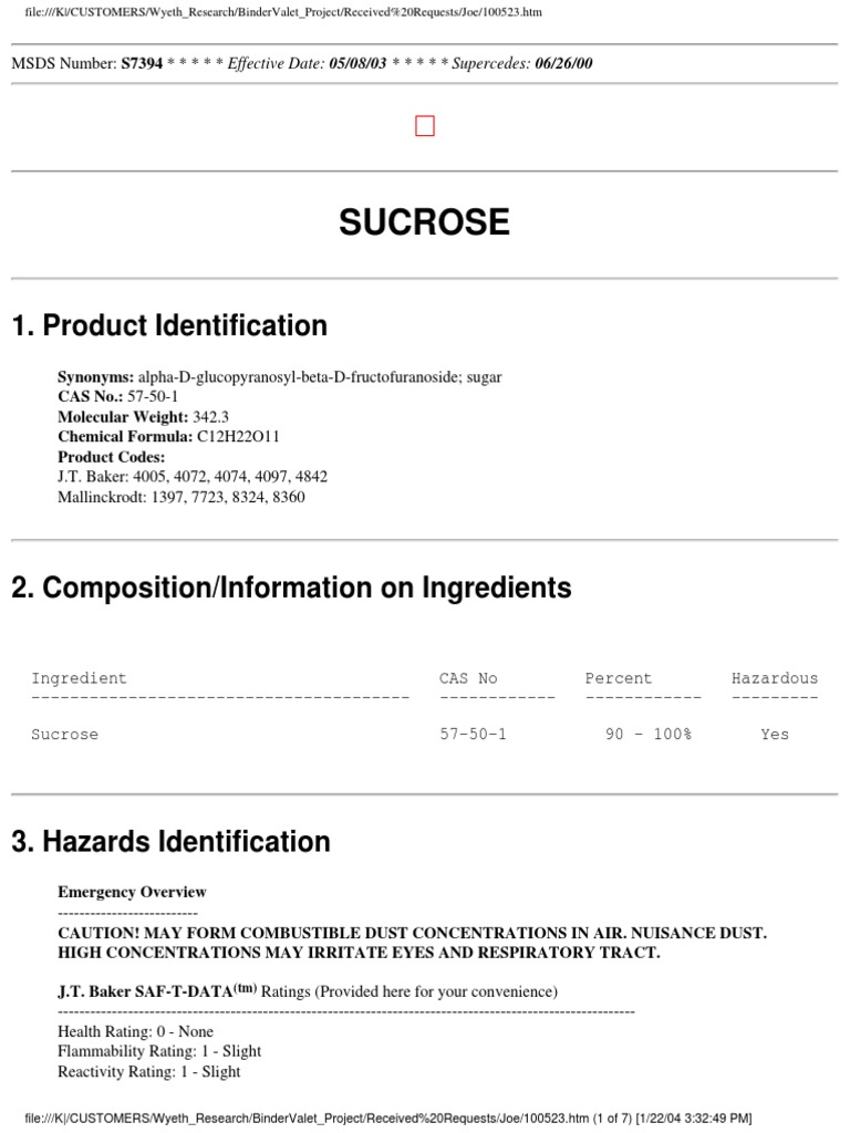 Sucrose: 1. Product Identification | PDF | Occupational Safety And ...