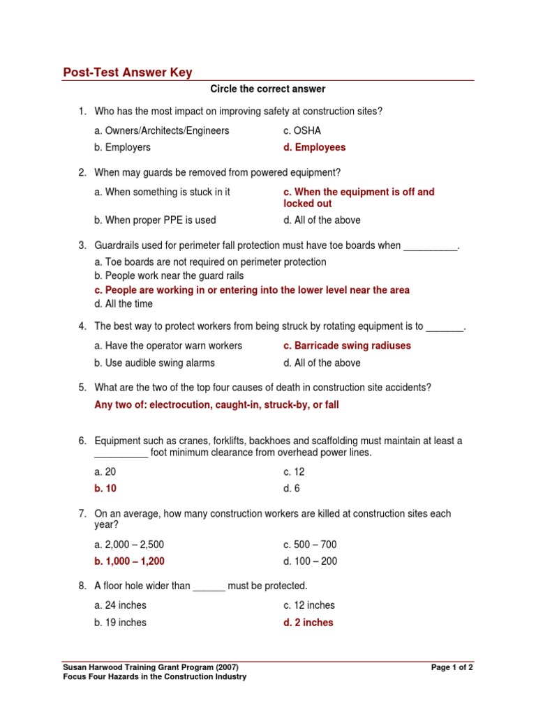 Post-Test Answer Key: D. Employees | PDF | Prevention | Safety