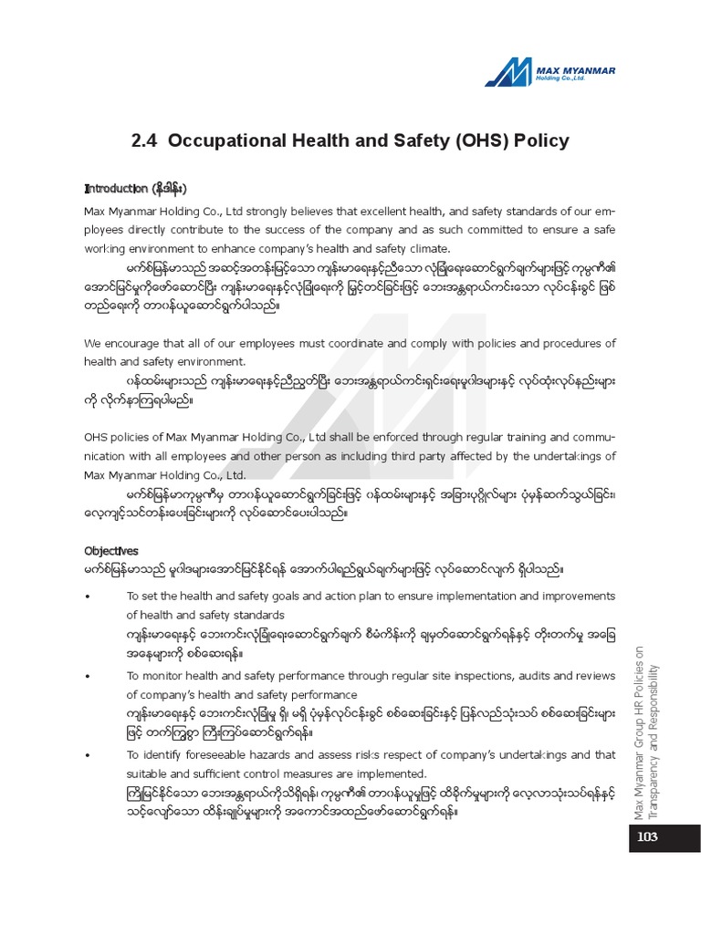 Max Myanmar OHS Policy Overview | PDF | Occupational Safety And Health ...