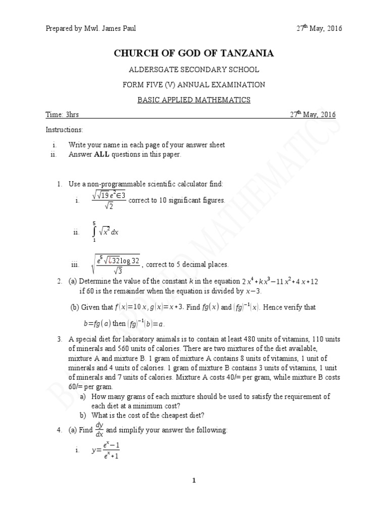 Church of God of Tanzania | PDF | Logarithm | Teaching Mathematics