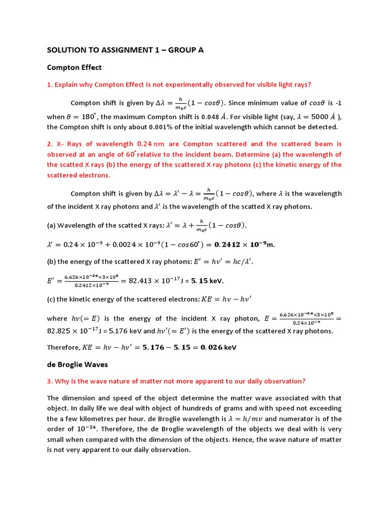 Solution To Assignment 1 - Group A: Compton Effect | PDF | Electron | Electronvolt