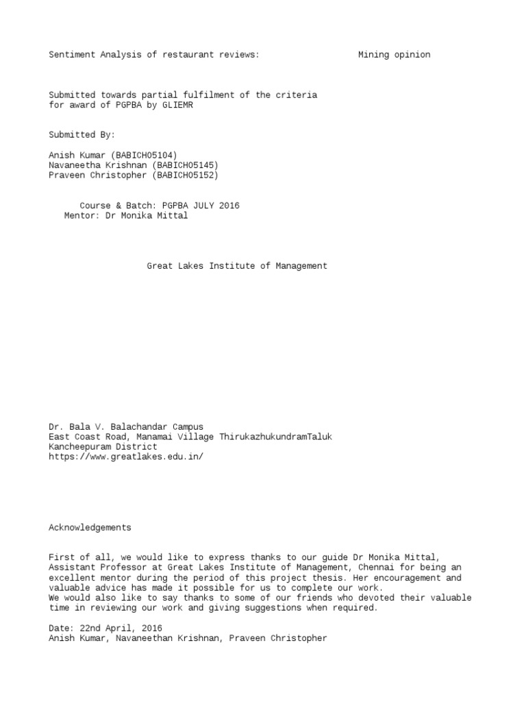 Sentiment Analysis of Restaurant Review - Project Report | PDF ...