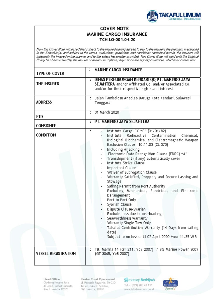 Marine Cargo Insurance Cover Note | PDF | Insurance | Financial Services