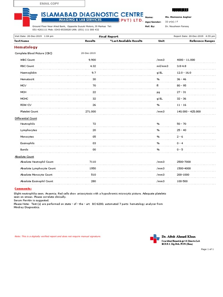 CBC Test Report with Anemia Findings | PDF | Immunology | Biotechnology