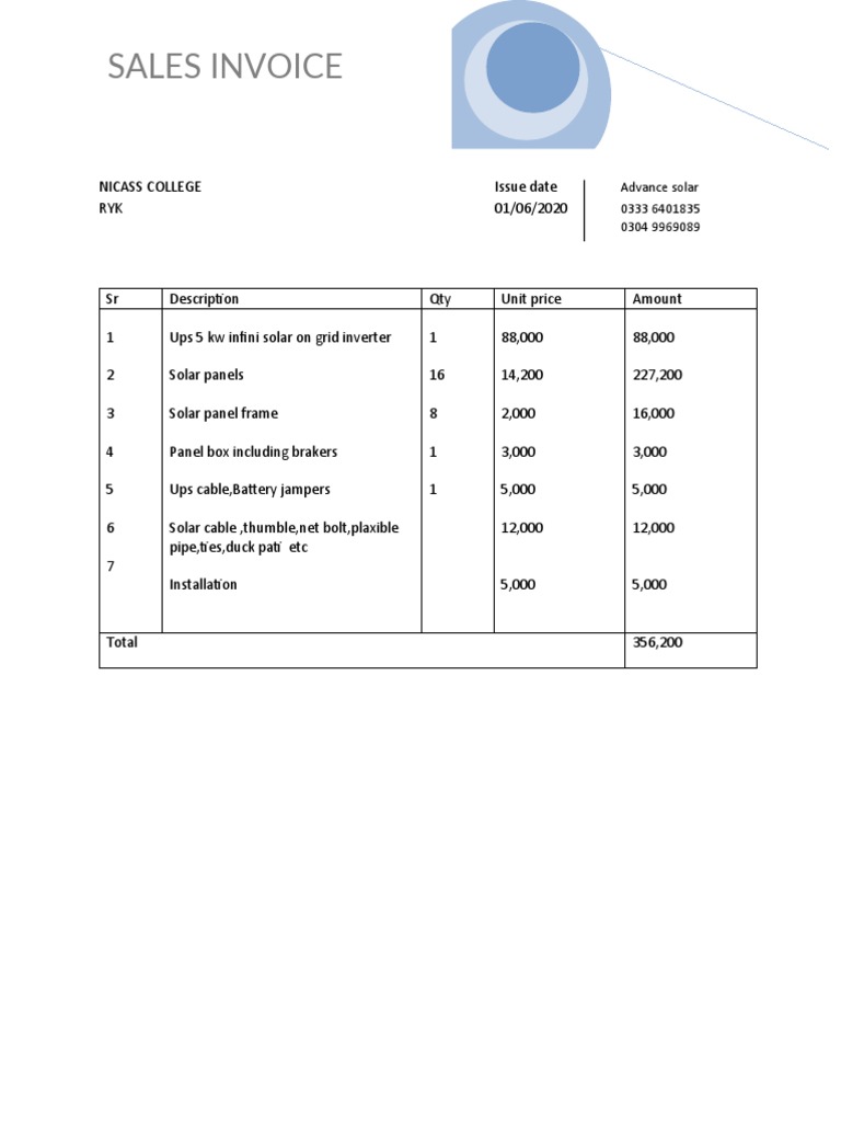 Sales Invoice: Advance Solar 0333 6401835 0304 9969089 | PDF