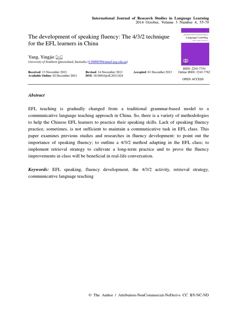 The Development of Speaking Fluency: The 4/3/2 Technique For The EFL ...