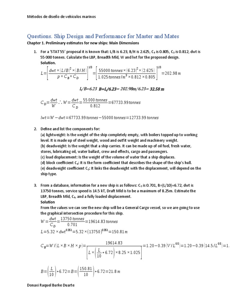 Questions. Ship Design and Performance For Master and Mates: L DWT × (L ...