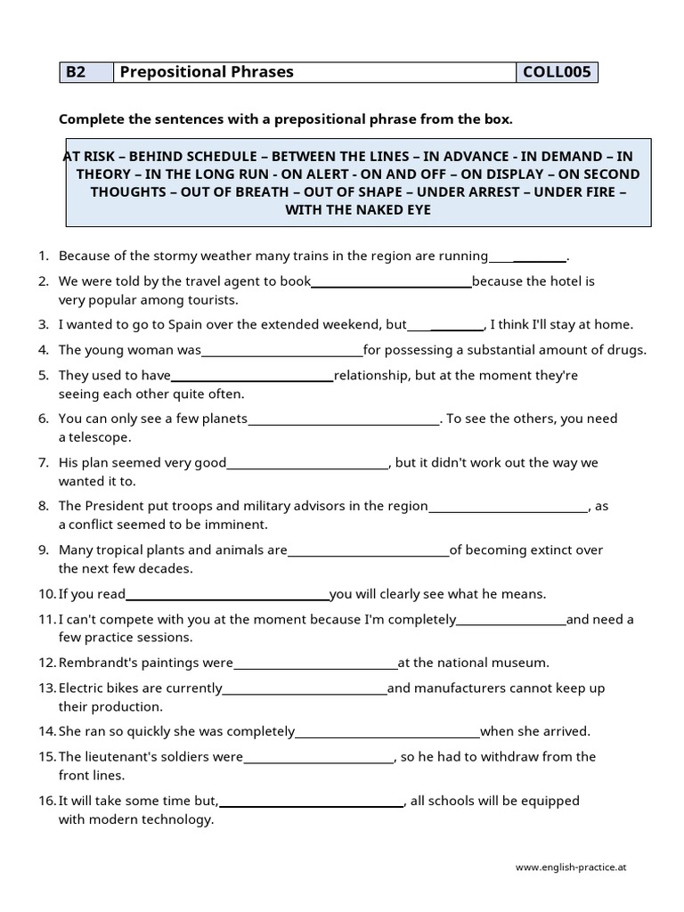B2 Prepositional Phrases COLL005: WWW - English-Practice - at | PDF