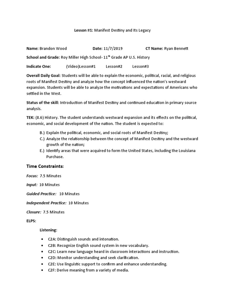 Lesson Plan 1 Manifest Destiny | PDF | Reading Comprehension | Vocabulary