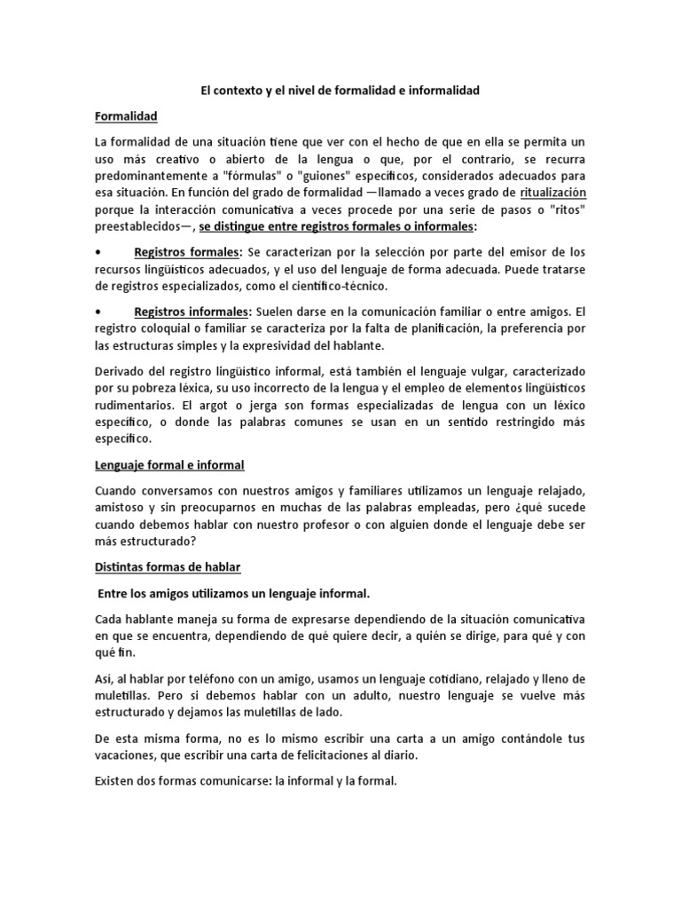 El Contexto y El Nivel de Formalidad e Informalidad. Ejercicios | PDF ...