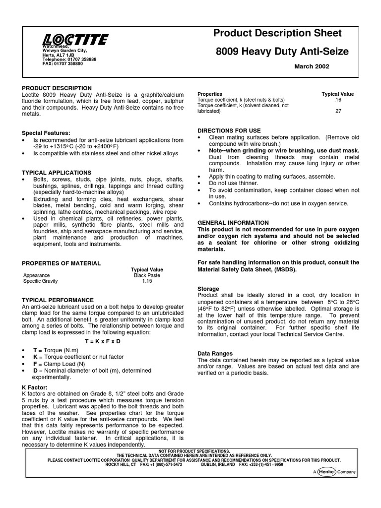Properties, Applications, and Instructions for Loctite 8009 Heavy Duty ...