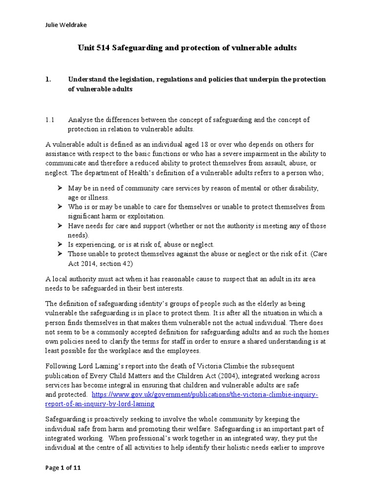 Unit 514 Safeguarding and Protection of Vulnerable Adults | PDF ...