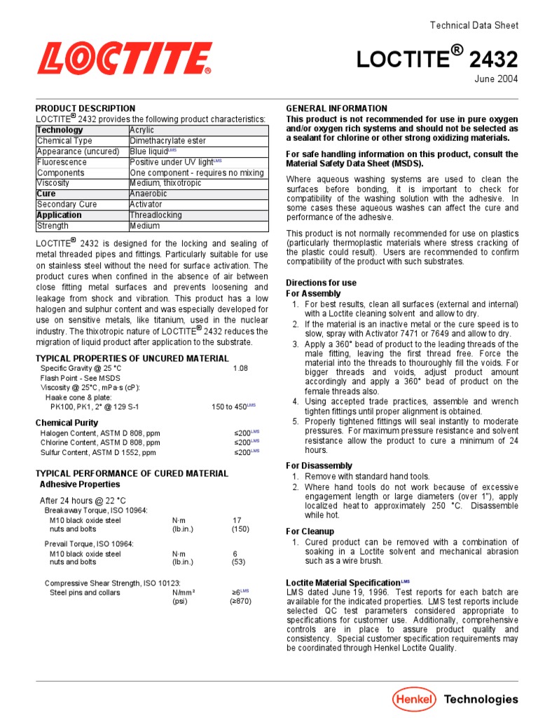 Loctite 2432: Technical Data Sheet | PDF | Adhesive | Materials