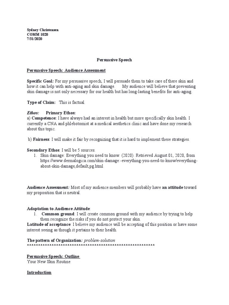 Persuasive Speech Outline - 1 | PDF | Sunscreen | Wrinkle