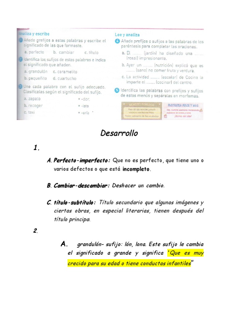 Desarrollo de Actividad Sufijos y Prefijos | PDF