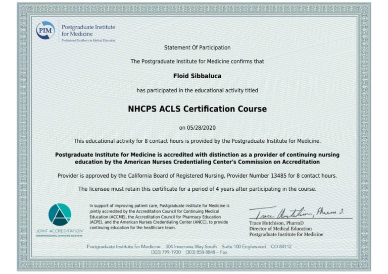 NHCPS ACLS Certification Course: Floid Sibbaluca | PDF