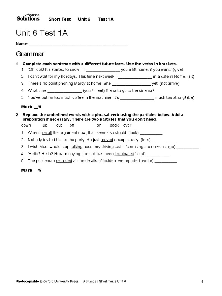 Short Test Unit 6 1A+2A | PDF | Grammar | Linguistics