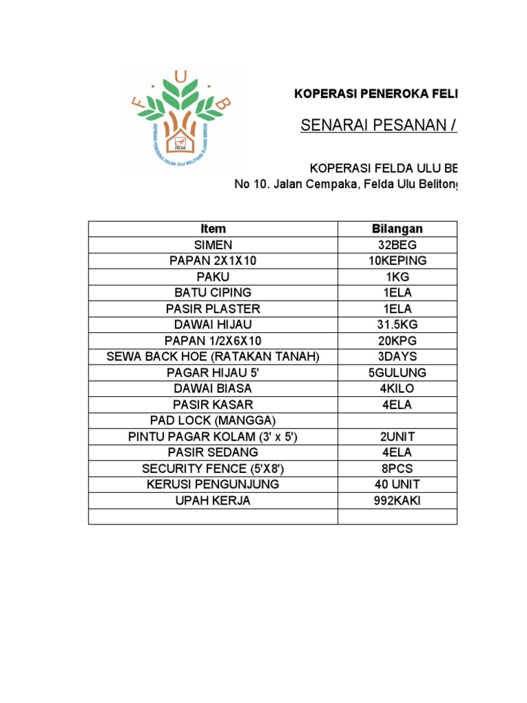 Senarai Pesanan / Belian: Koperasi Peneroka Felda Ulu Belitong | PDF