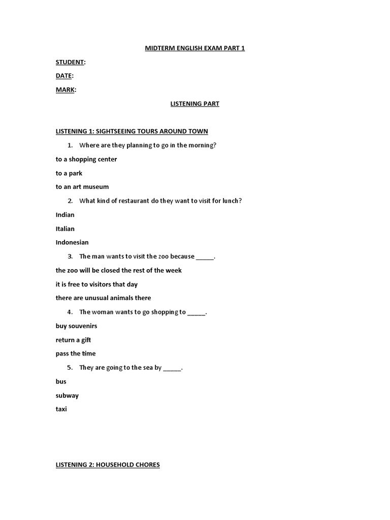 Midterm English Exam Part 1 Listening | PDF