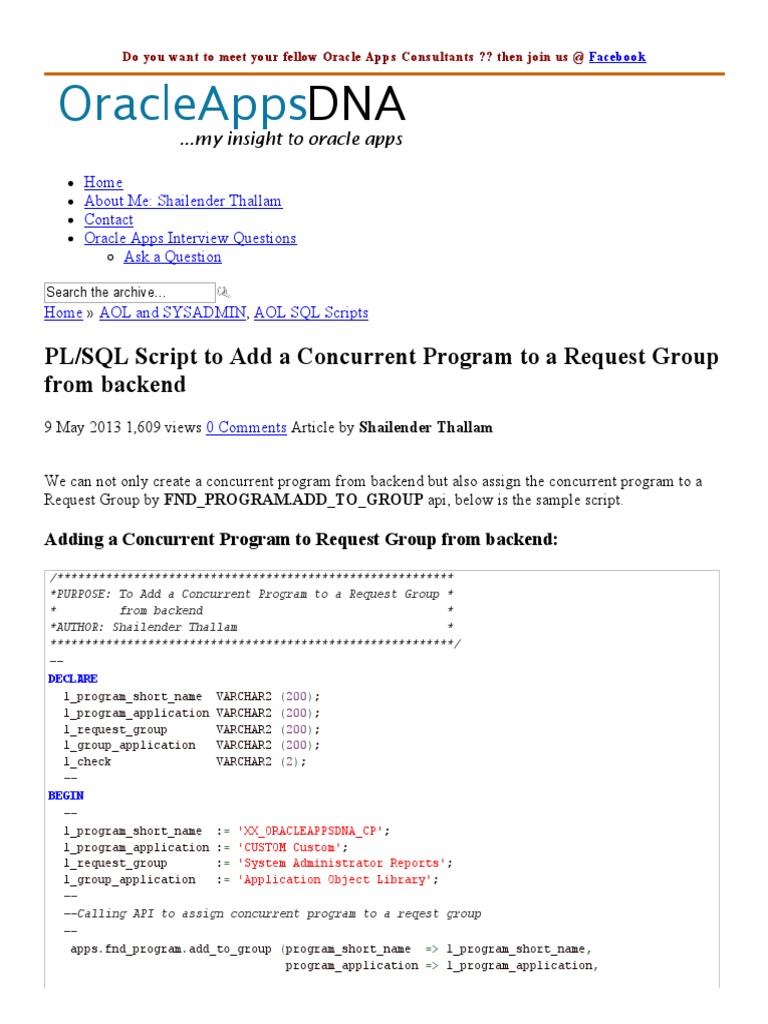 PL - SQL Script To Add A Concurrent Program To A Request Group From Backend - OracleAppsDNA ...