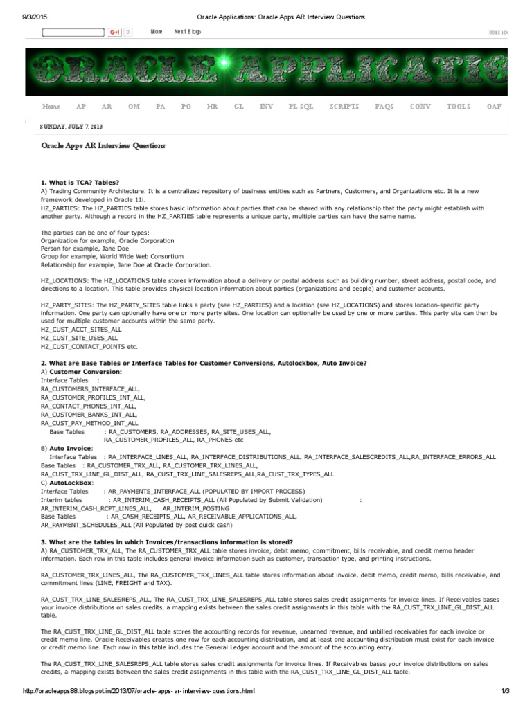 Oracle Apps Ar Interview Questions And Answers Transaction Tables