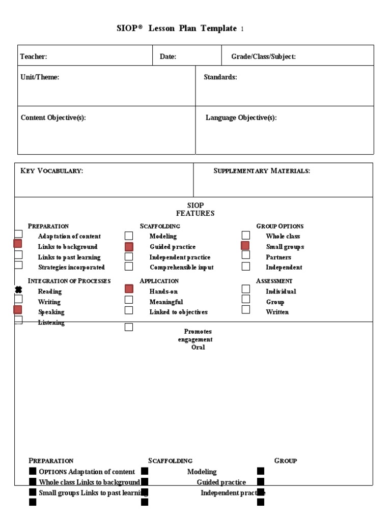 SIOP Lesson Plan Template: Reparation Caffolding Roup Ptions | Download ...