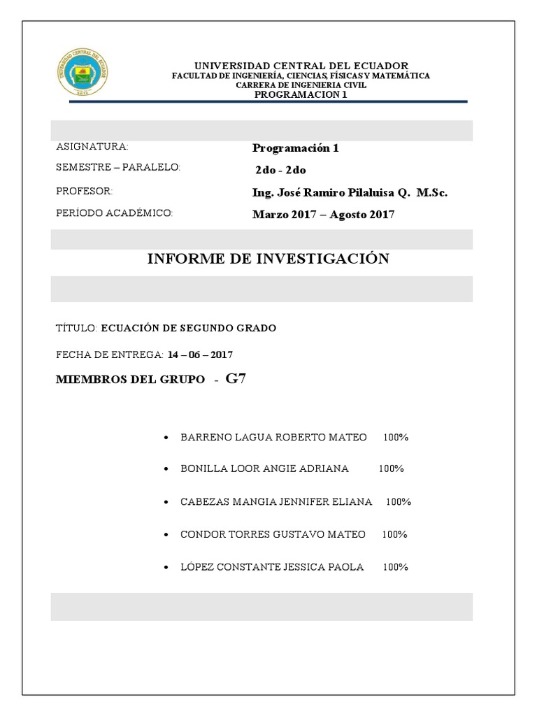 Informe de Investigación | PDF | Ecuación cuadrática | Ecuaciones