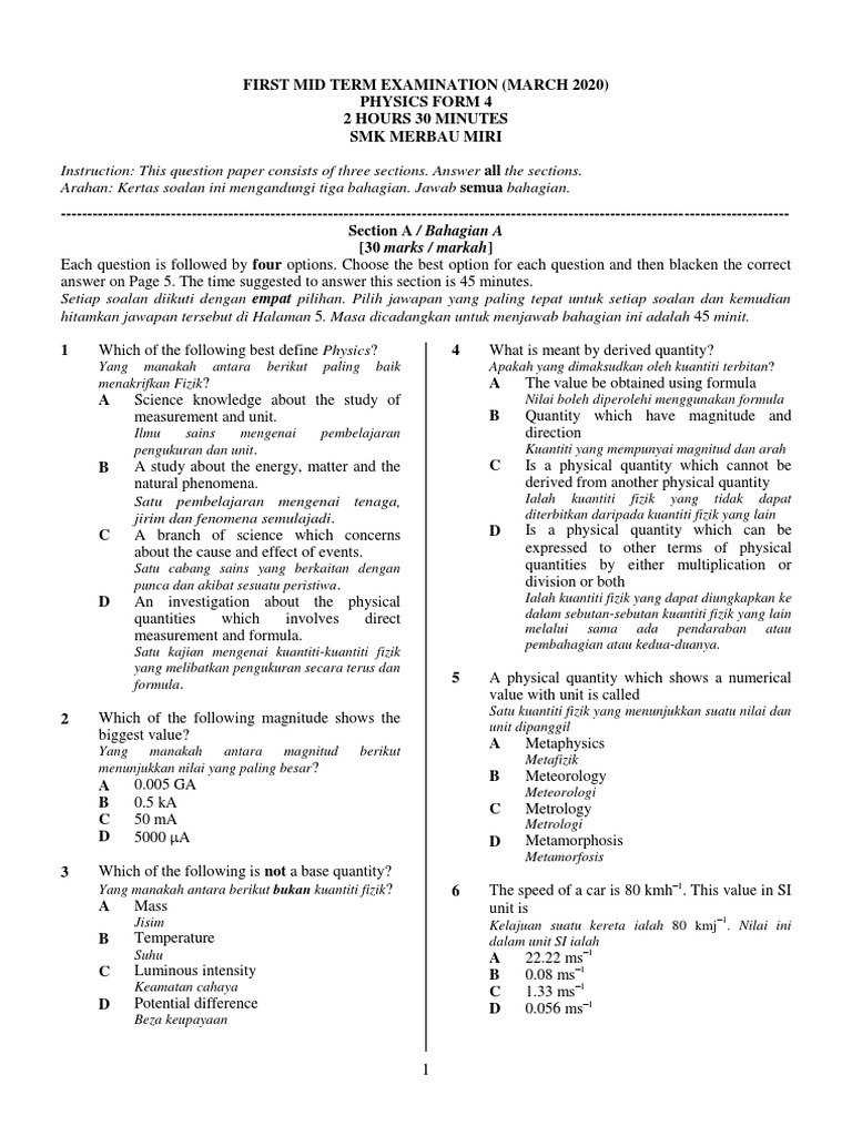 1ST Mid Term Form 4 2020 | PDF