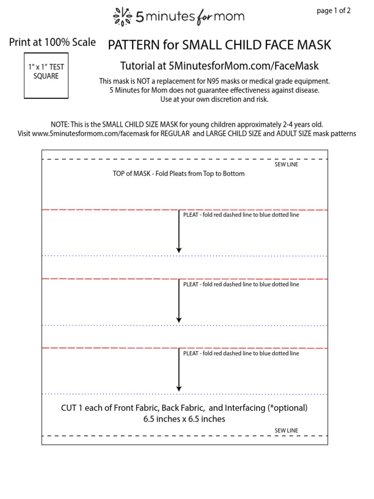 Pattern For Small Child Face Mask: Print at 100% Scale | PDF