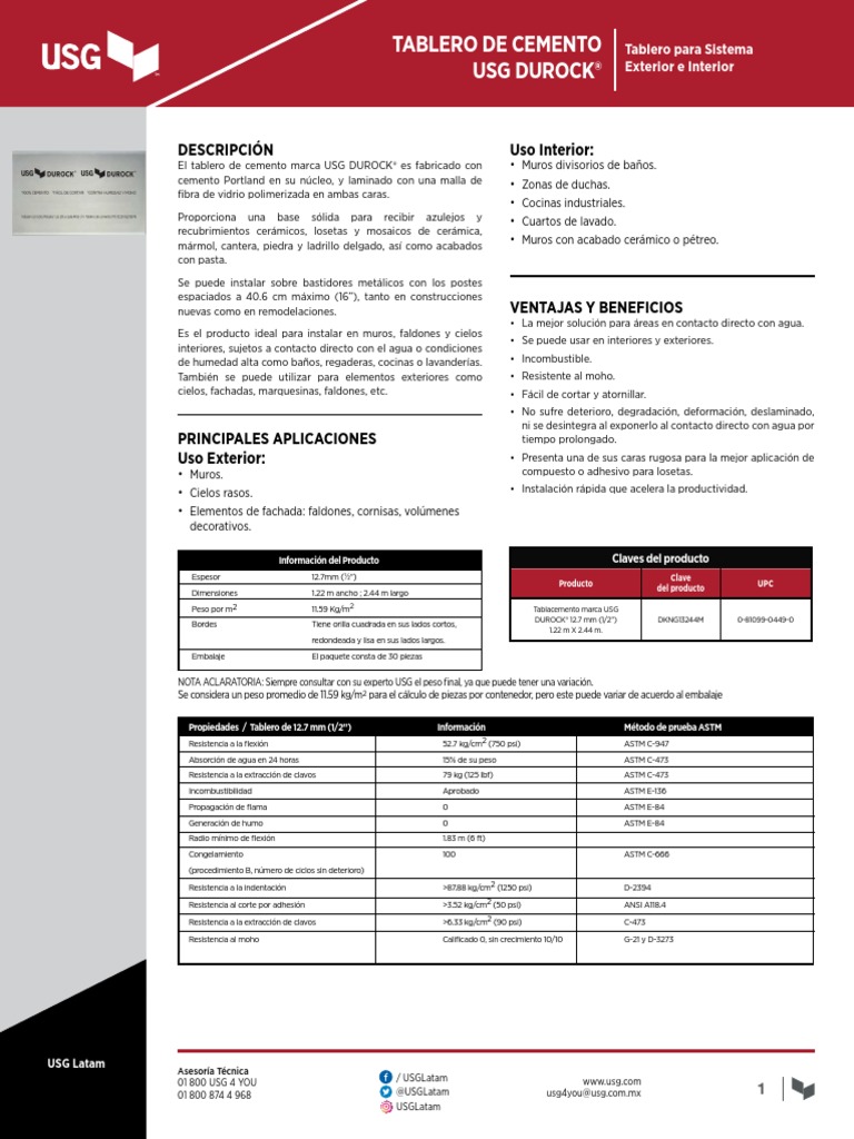 Usg Tablacemento Durock Ficha Tecnica Mex Es | PDF | Paneles de yeso ...