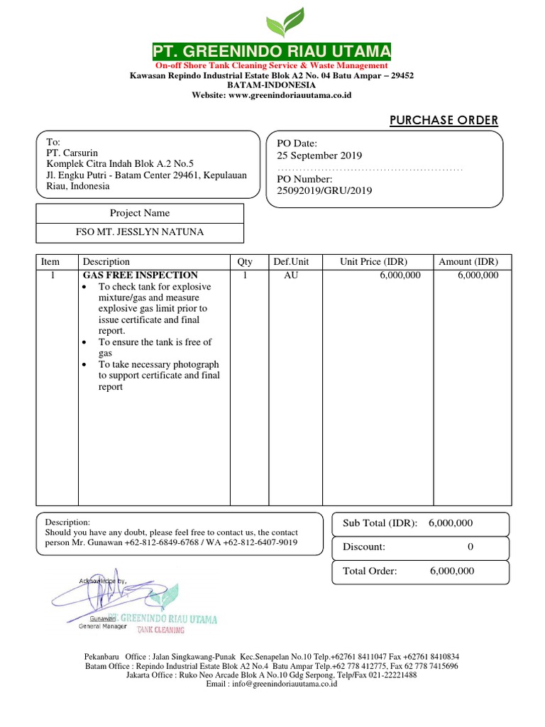 Gas Free Inspection Order for Carsurin | PDF | Business | Technology ...