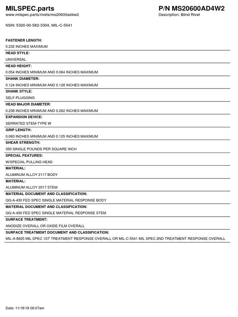 WWW - Milspec.parts/rivets/ms20600ad4w2 Description: Blind Rivet | PDF