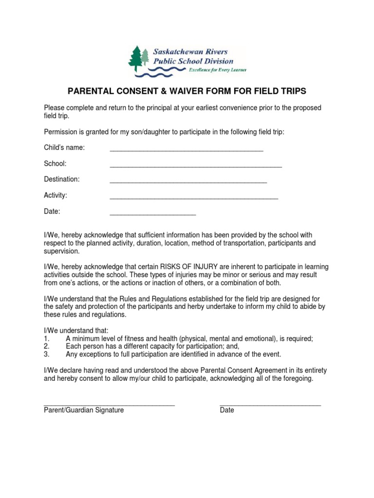 Parental Consent & Waiver Form For Field Trips | PDF