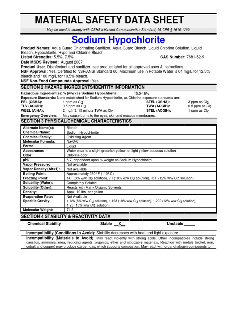MSDS Hypo (4485) | PDF | Chlorine | Materials