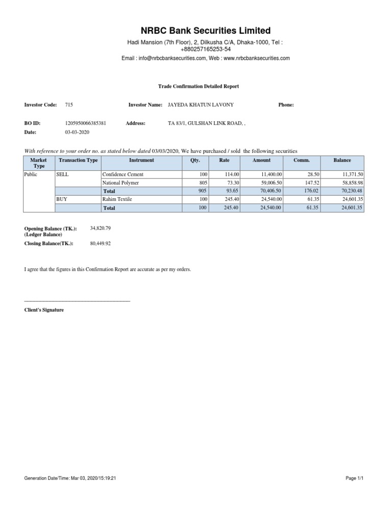 NRBC Bank Trade Confirmation Report | PDF