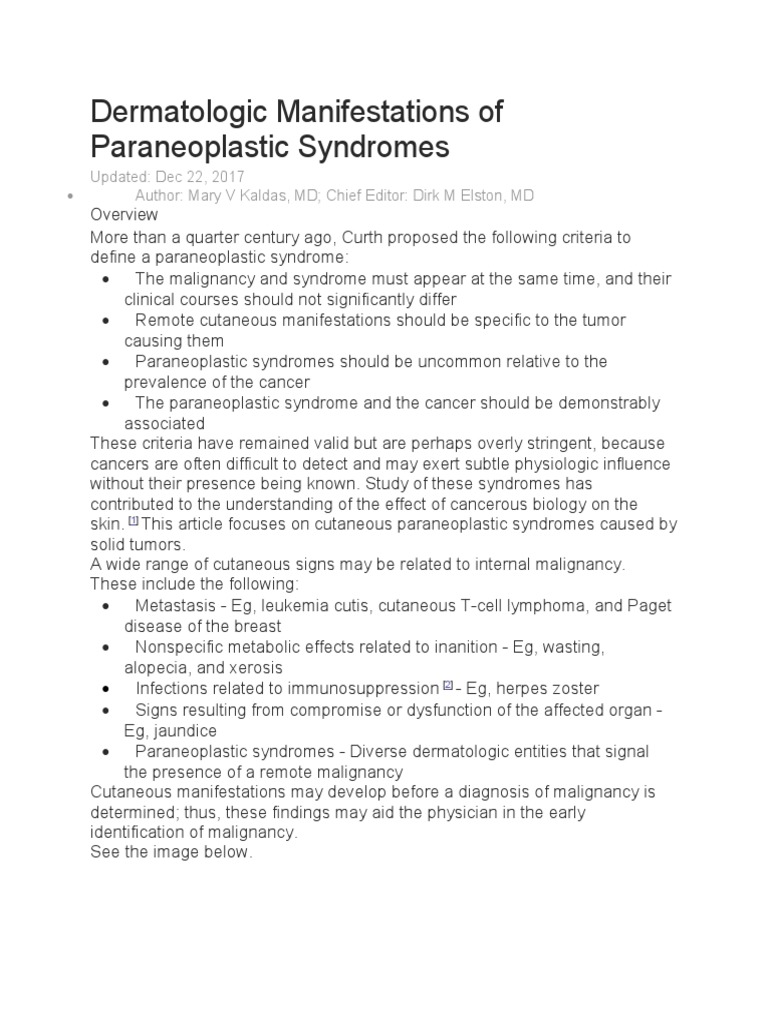 Dermatologic Manifestations of Paraneoplastic Syndromes - emedICINE ...