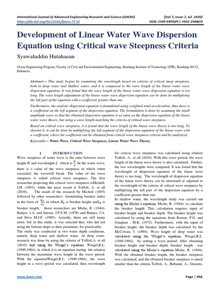 Development of Linear Water Wave Dispersion Equation Using Critical ...