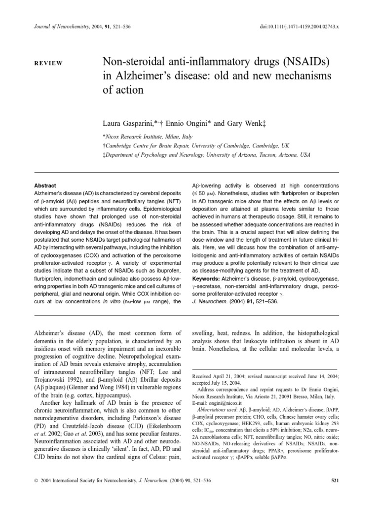 Non-Steroidal Anti-In Ammatory Drugs (Nsaids) in Alzheimer'S Disease ...