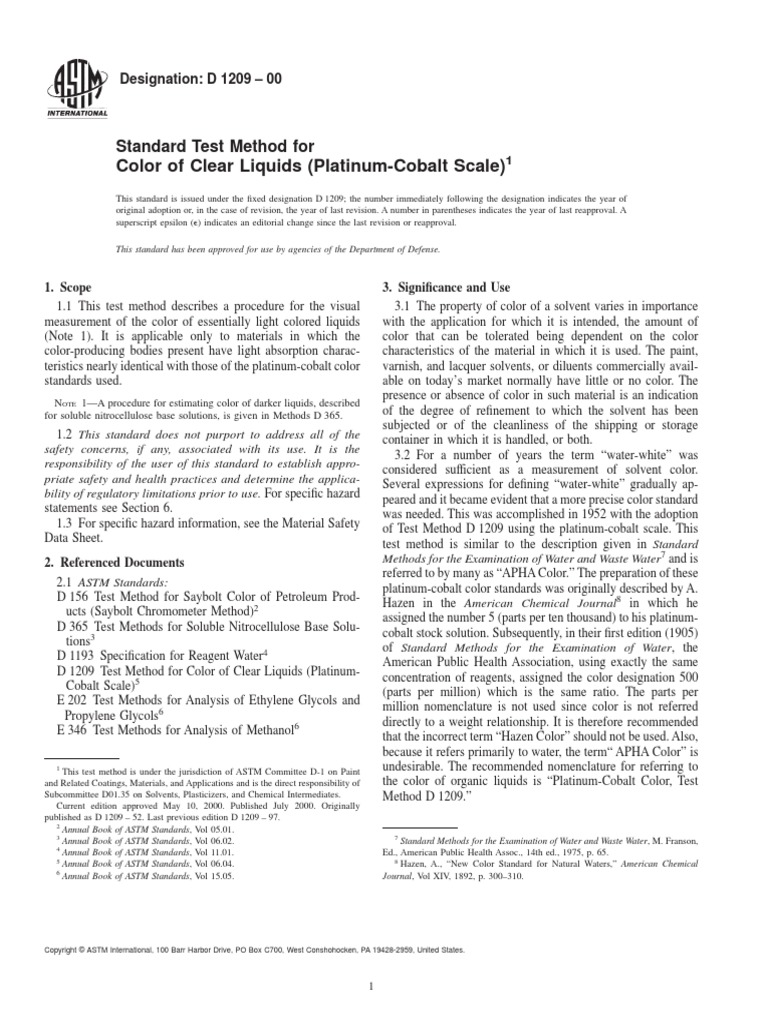 Color of Clear Liquids (Platinum-Cobalt Scale) : Standard Test Method ...